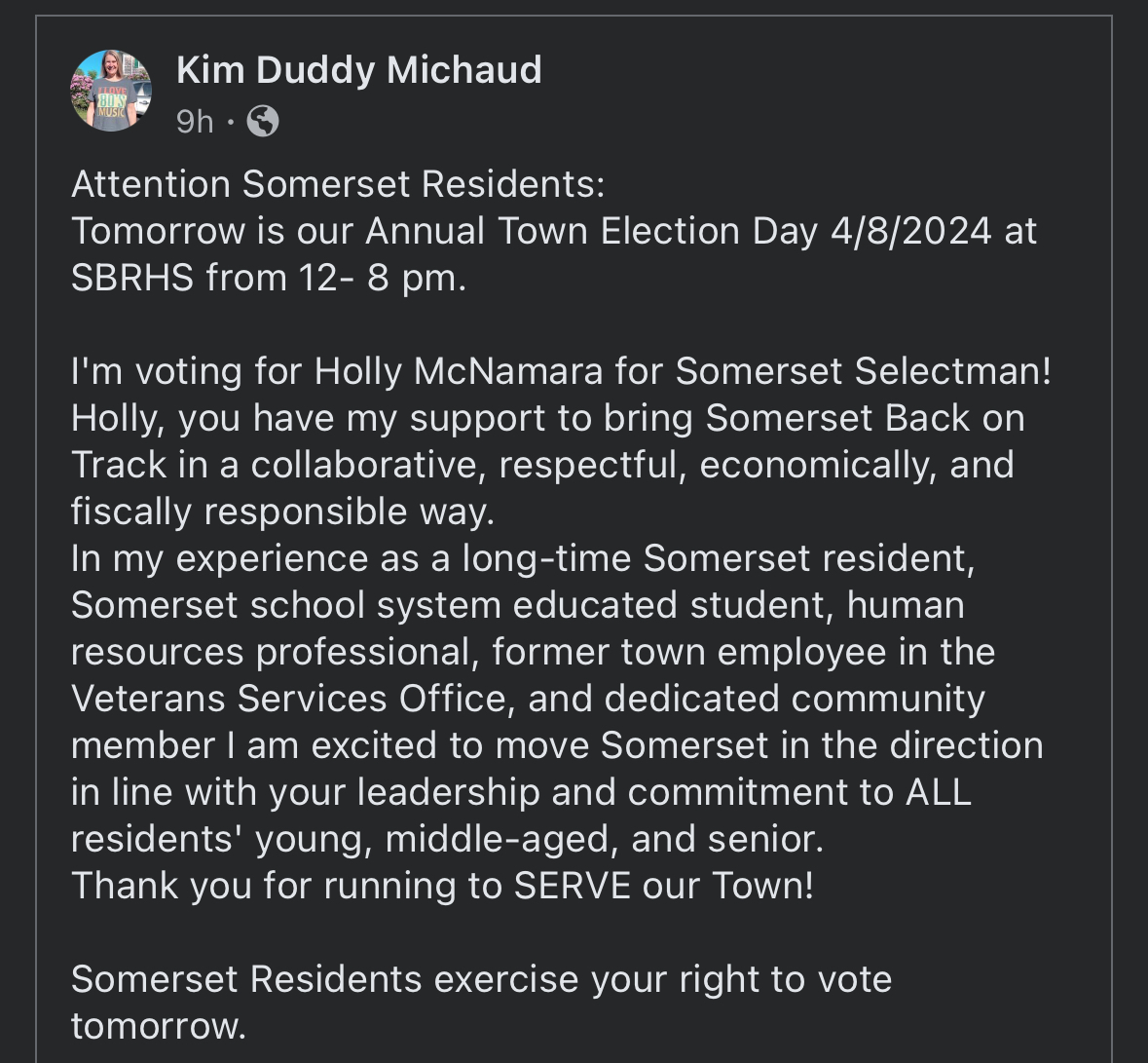 - Holly McNamara for Somerset Selectman